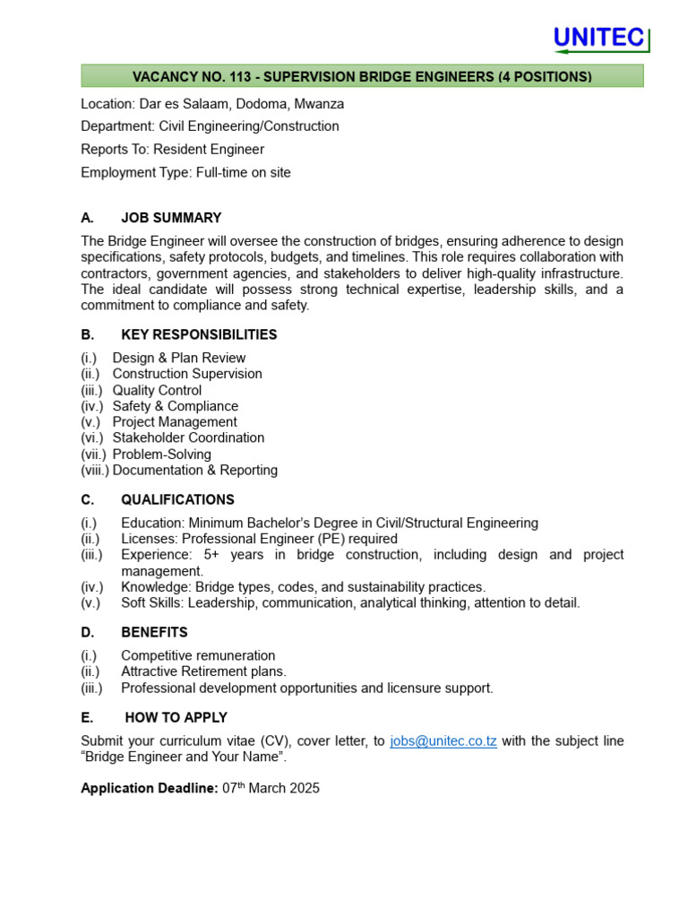 Bridge Engineer Job Opening in Tanzania | PDF