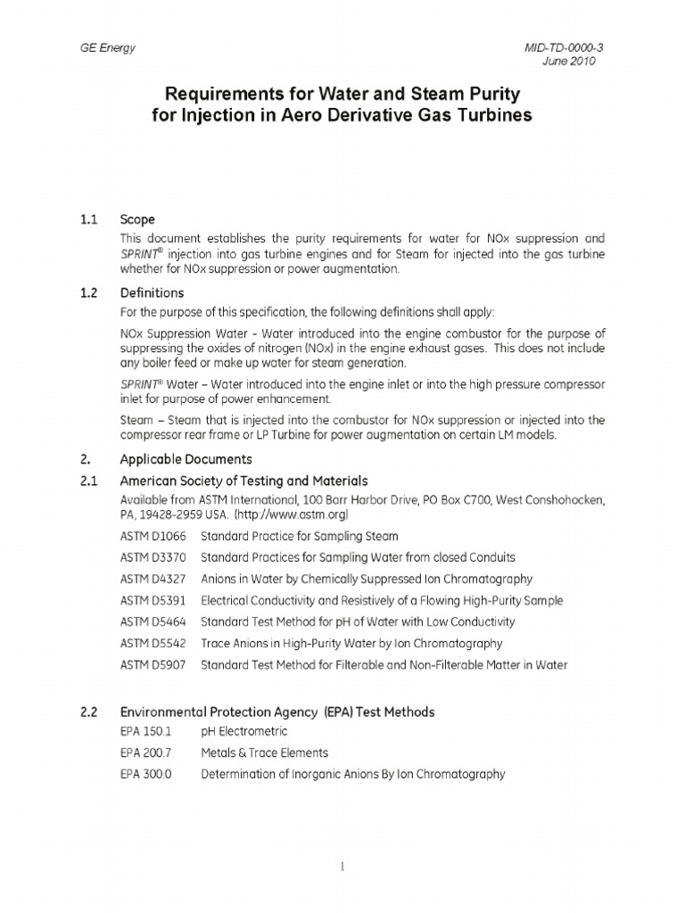 GEK112859 - V1AA03.C09 - A3 MID-TD-0000-3 Requirements For Water and Steam Purity For Injection ...