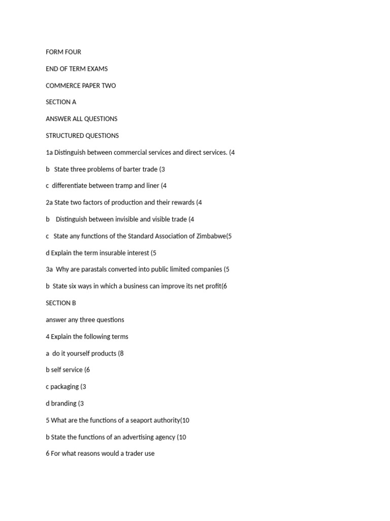 Form Four Commerce Exam Paper 2 | PDF