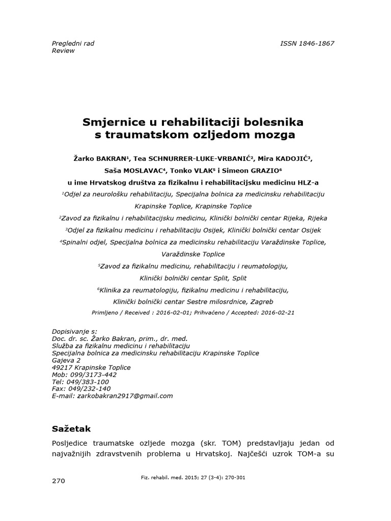 Bakran I Sur - Smjernice U Rehabilitaciji Bolesnika S Traumatskom Ozljedom Mozga | PDF