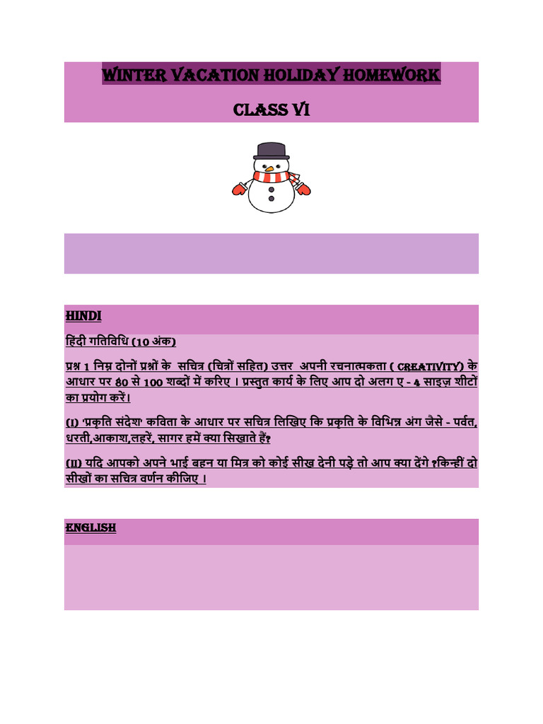 WINTER VACATION HOLIDAY HOMEWORK CLASS VI | PDF | Mountains | Plateau