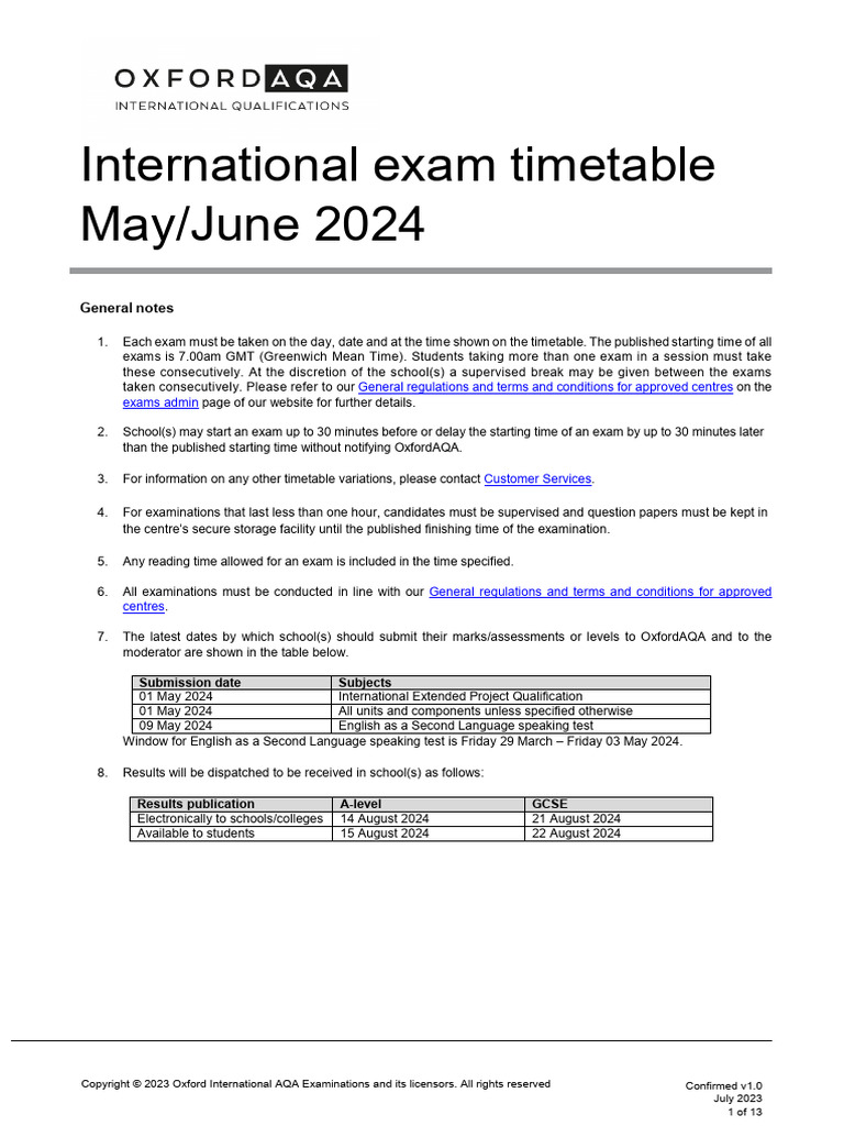 Summer 2024 Exam Timetable v1.0 | PDF | Gce Advanced Level (United ...