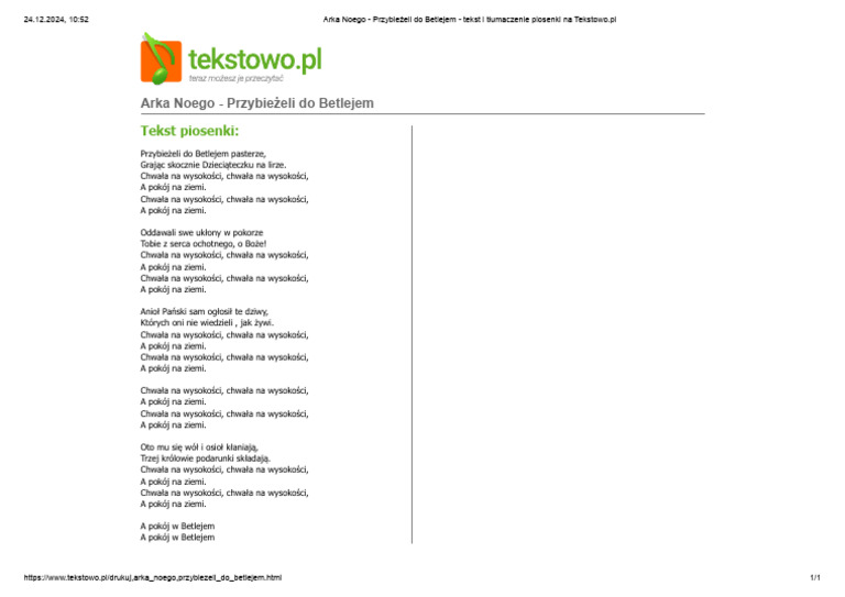 Arka Noego - Przybieżeli Do Betlejem - Tekst I Tłumaczenie Piosenki Na Tekstowo - PL | PDF