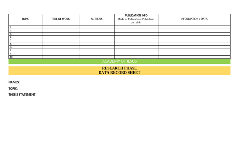 Research Worksheet - Data Record Sheet - g9 | PDF
