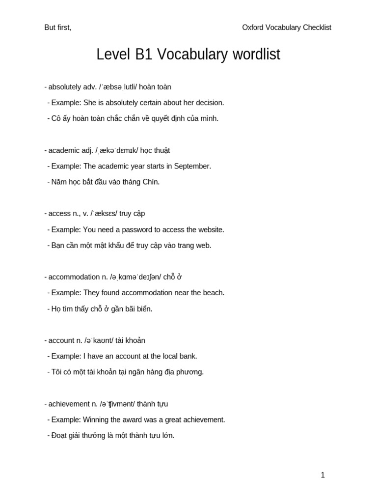 Level B1 Vocabulary Checklist | PDF