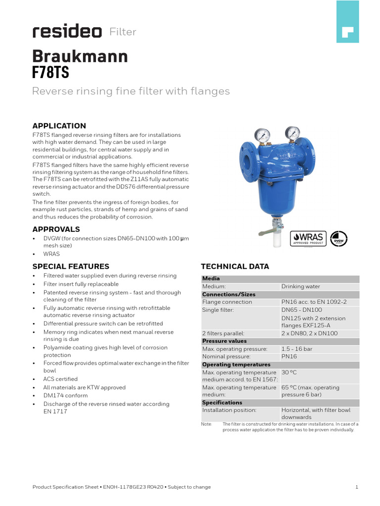 F78ts Backwash Reverse Filter Specification Sheet | PDF | Filtration ...