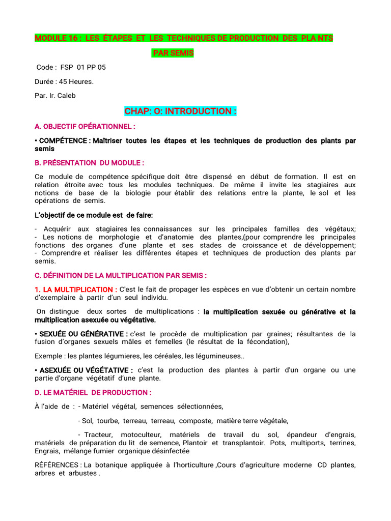 Module 16. Production Par Semis | PDF