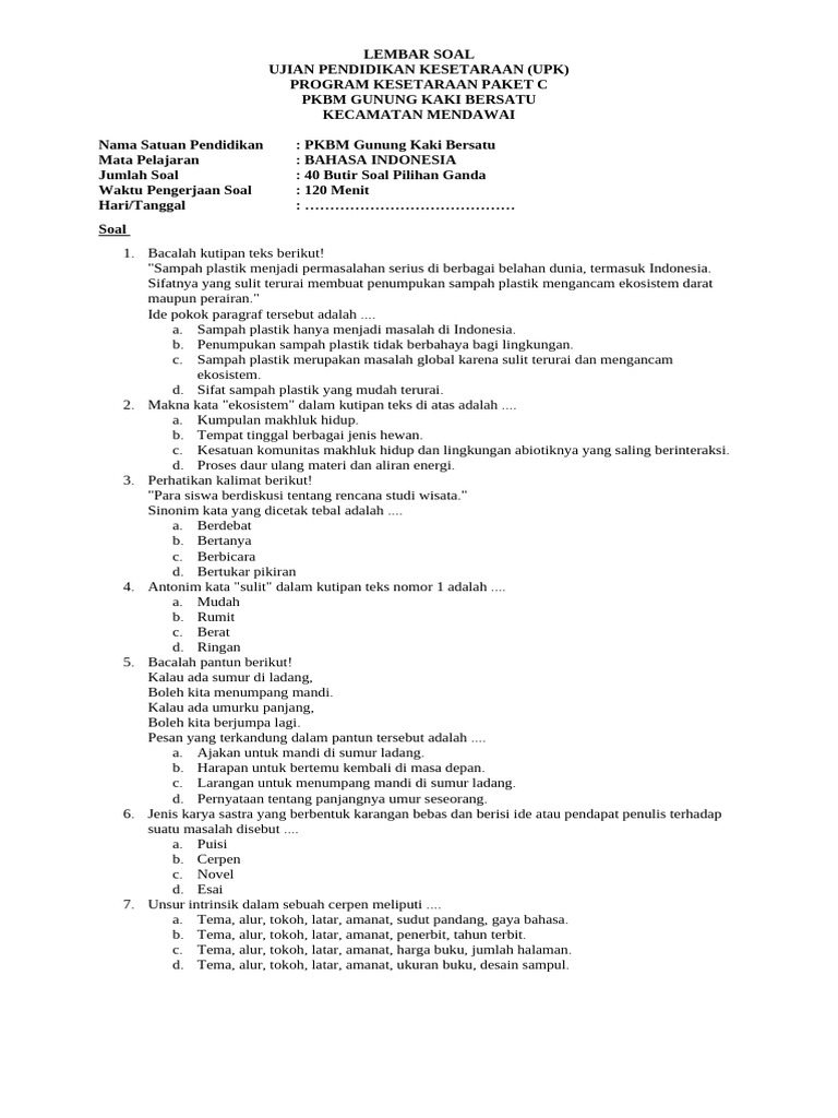 Soal Upk Bahasa Indonesia Paket C Tahun 2025 | PDF
