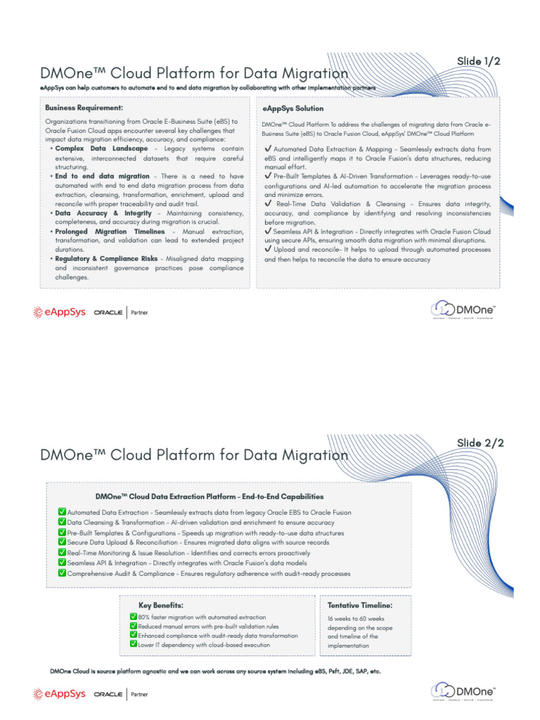 Eappsys End To End Data Migration Dmone Platform And Services Pdf Cloud Computing Regulatory