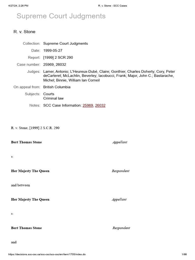 R. v. Stone - SCC Cases | PDF | Burden Of Proof (Law) | Insanity Defense