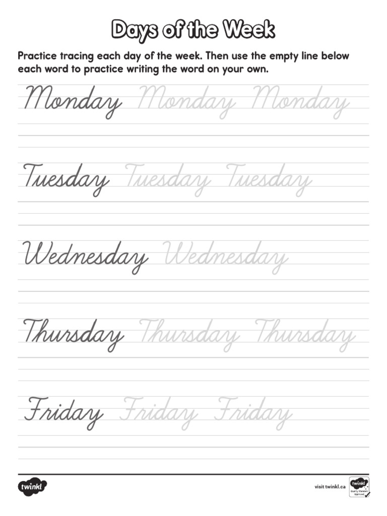 BW Cursive Days of The Week Practice Activity | PDF