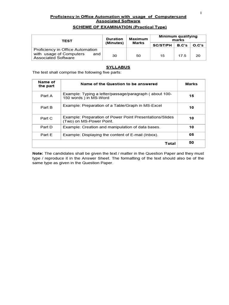 SCHEMESYLLABUS OF EXAMINATION (Practical Type) | PDF | Microsoft Excel | Microsoft Word