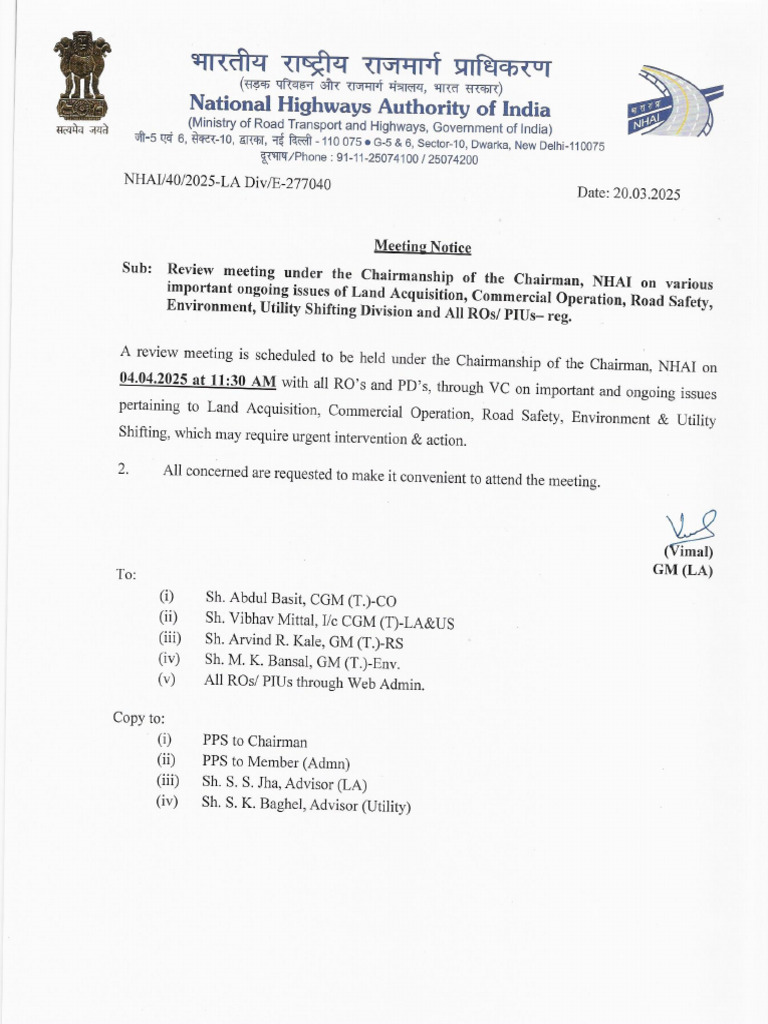 Review Meeting Under Chairmanship of Chairman NHAI Dated 20.03.2025 | PDF