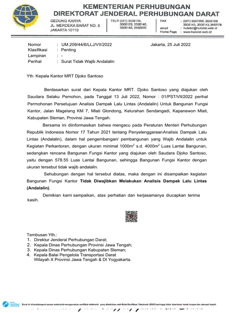 Surat Tidak Wajib Andalalin MRT Djoko Santoso | PDF