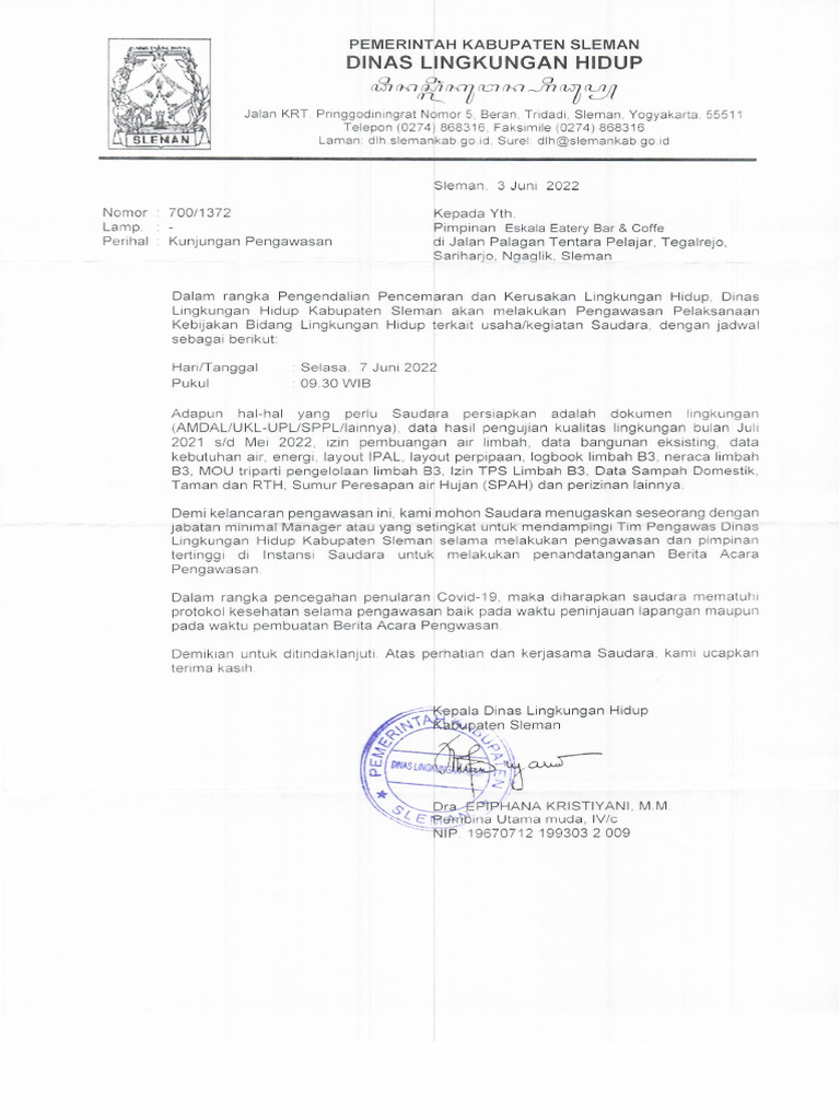 Surat Kunjungan Pengawasan DLH | PDF