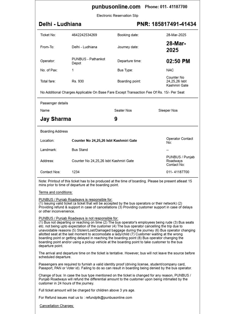 PUNBUS _ Punjab Roadways __ Ticket | PDF | Public Transport | Transport