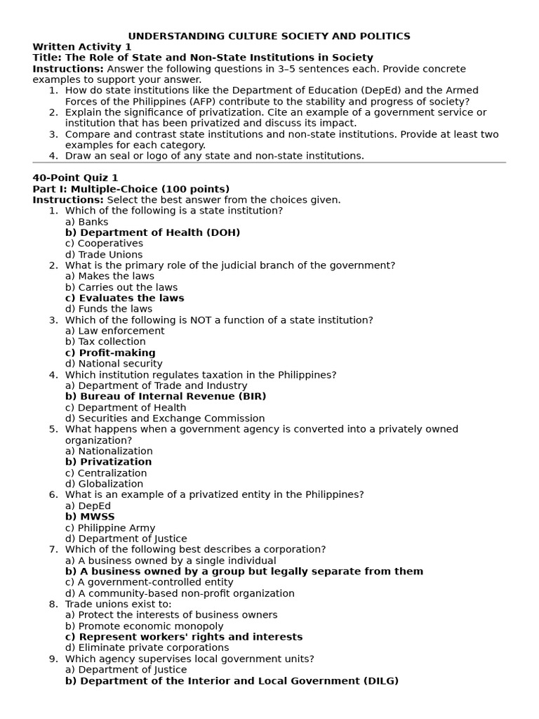 Copy of UNDERSTANDING CULTURE SOCIETY AND POLITICS Activity Sheet | PDF ...