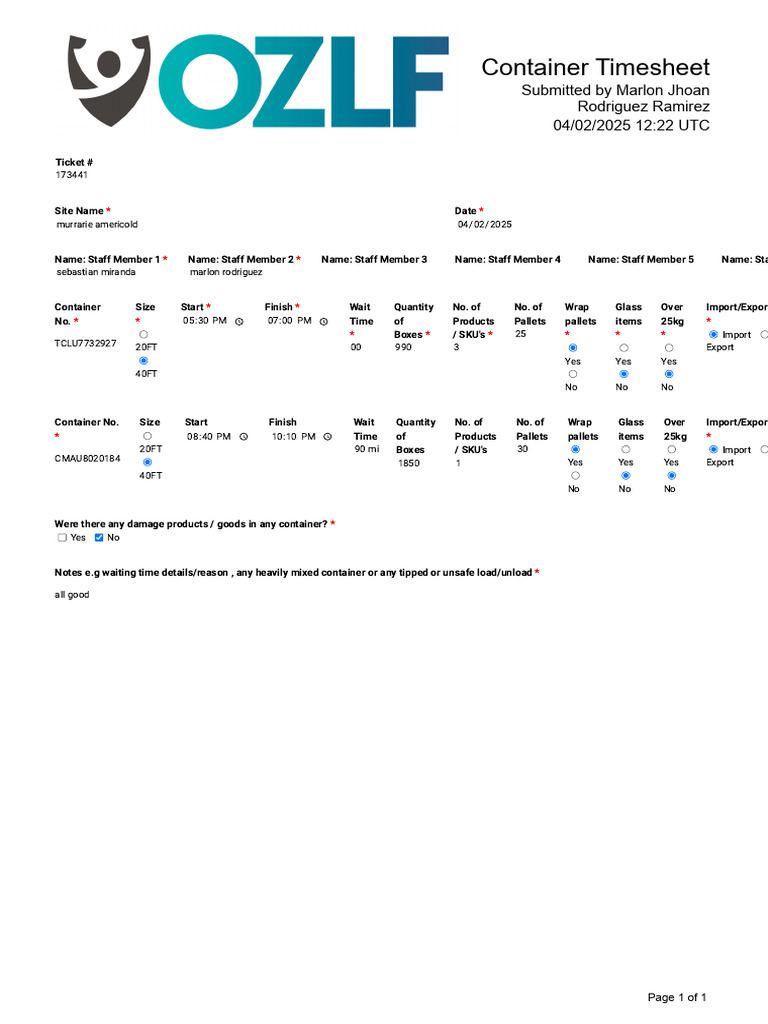 Container Timesheet: Submitted by Marlon Jhoan Rodriguez Ramirez 04/02 ...