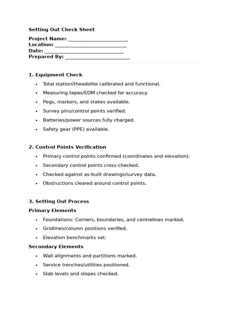 Setting Out Check Sheet | PDF