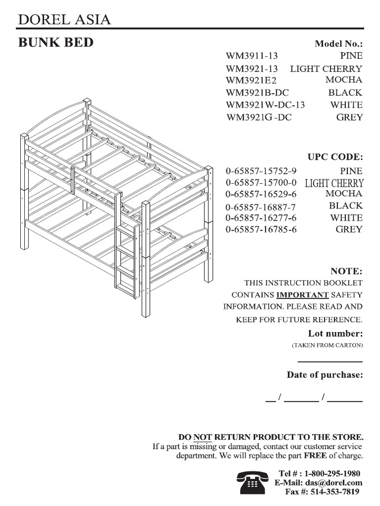 Dorel Asia Dorelasia Bunk Bed wm3911 13 wm3921 13 Wm3921e2 wm3921b DC ...