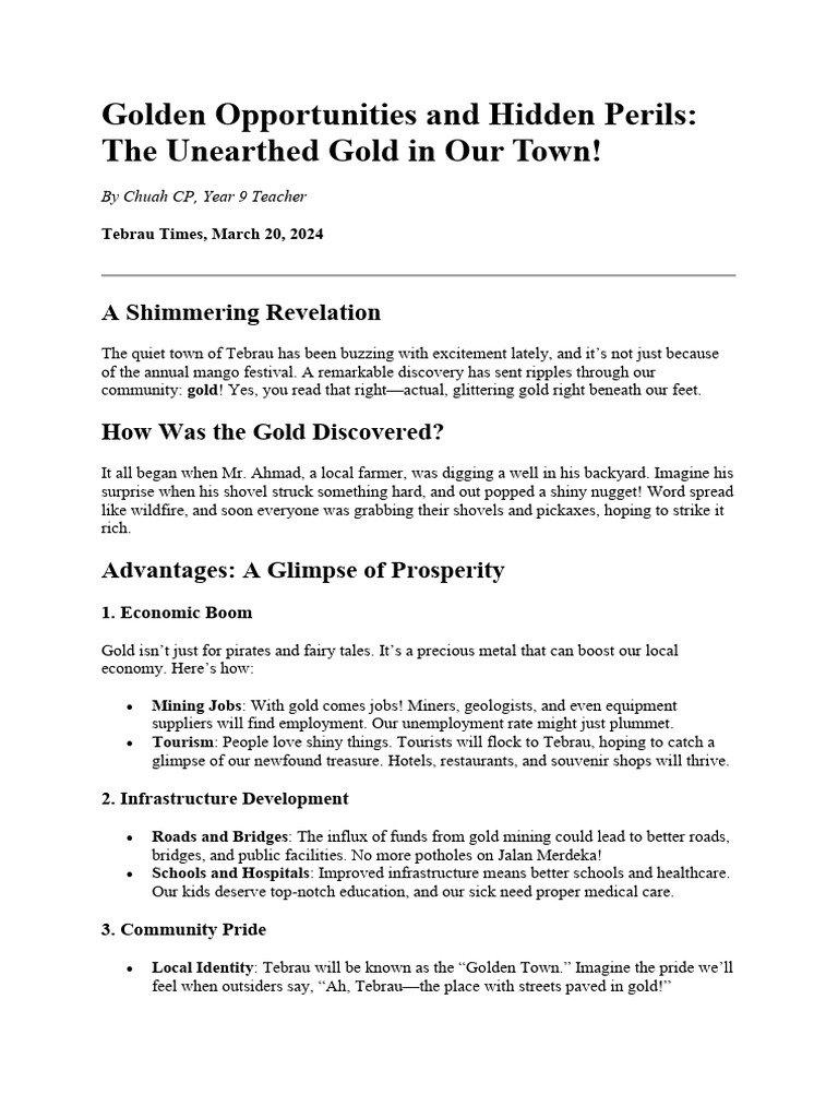 Year 9 English 2023 - 24 Assessment 2 - Sample Essay - Gold in Our Town ...