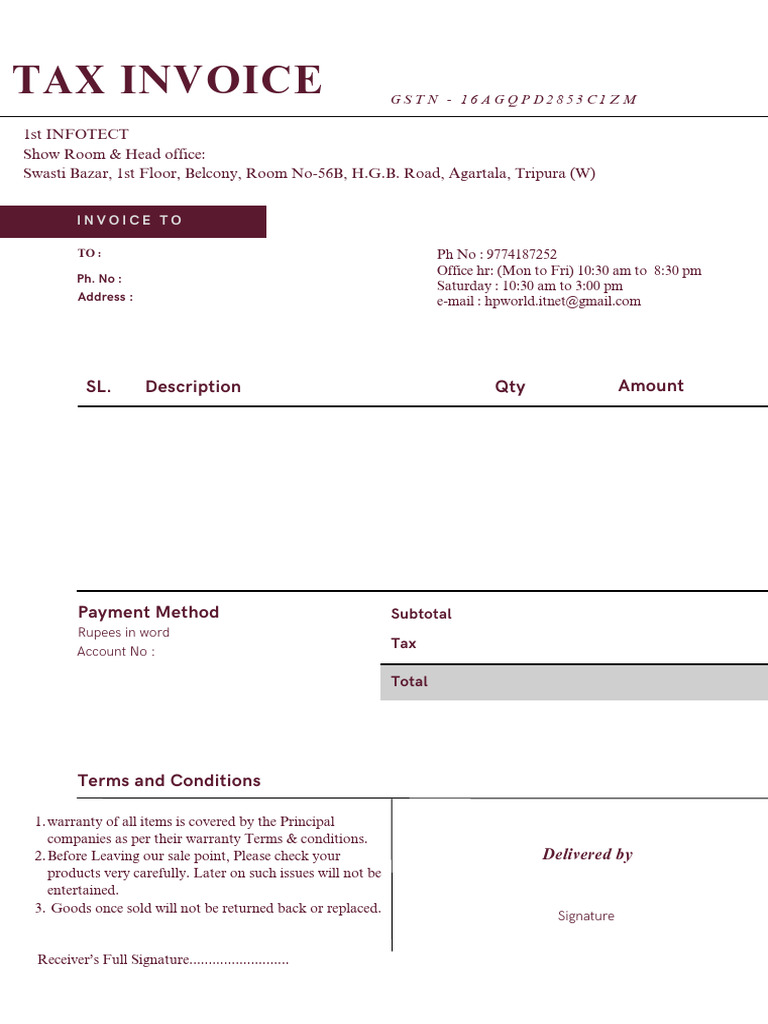 HP Laptop Purchase Invoice Template | PDF