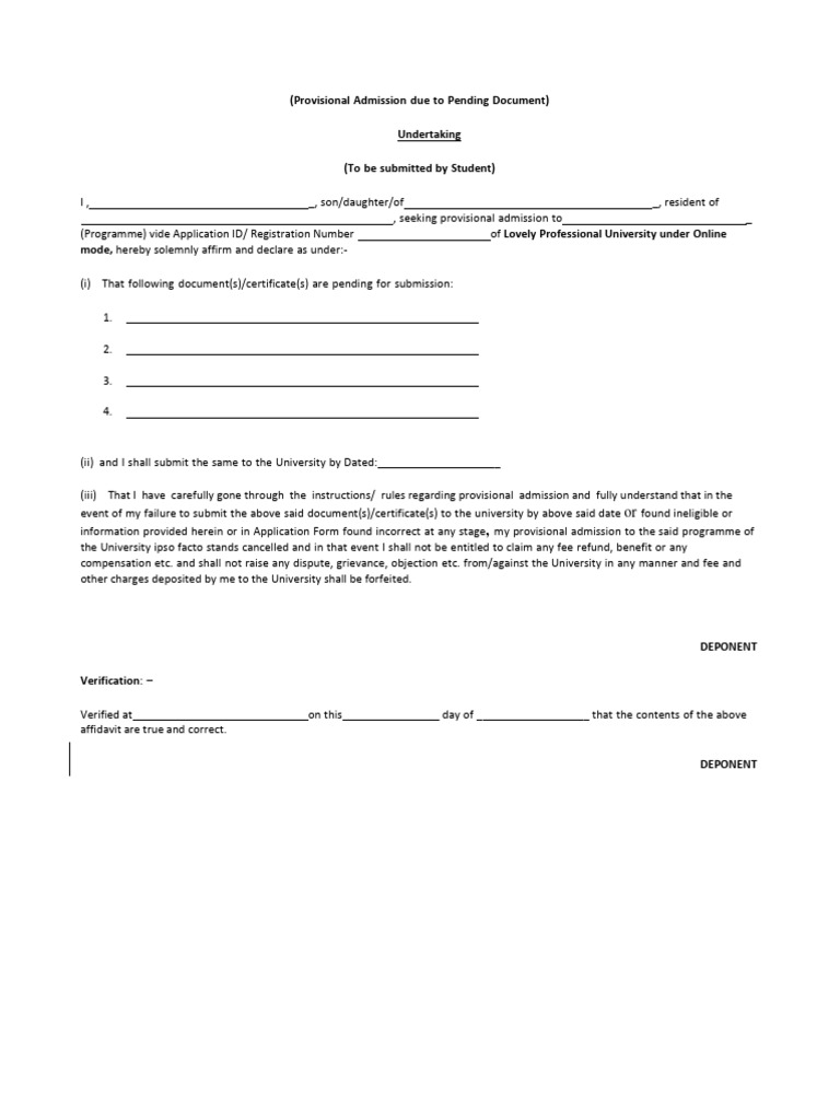 Provisional Admission Undertaking Form | PDF