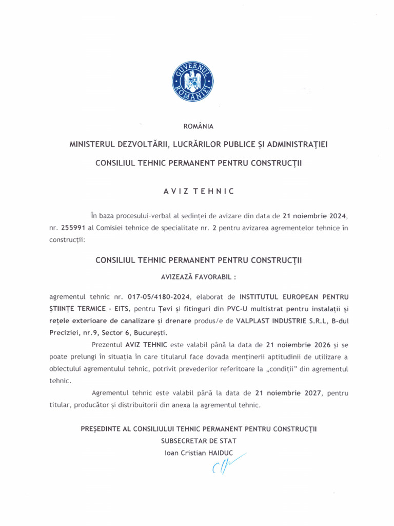 Agrement + Aviz Tehnic 017-05 - 4180 - 2024 | PDF