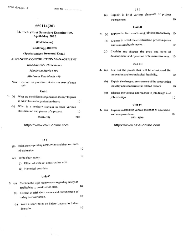 Mtech 1 Sem Ce Advanced Construction Management 550114 May 2022 | PDF