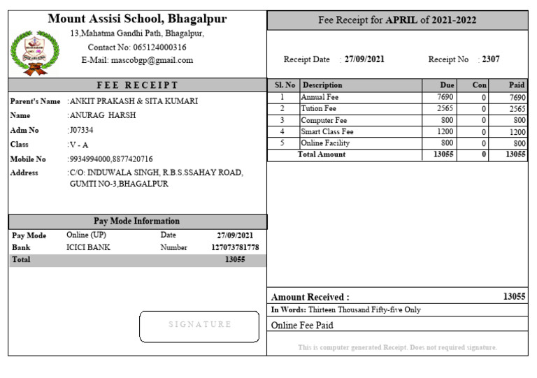 Parent Fee Receipt Prints | PDF