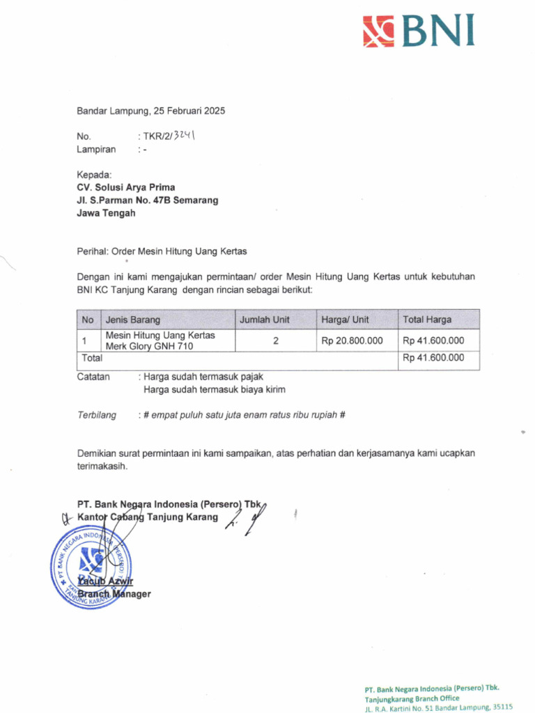 Surat Order Mesin Hitung Uang Kertas CV Solusi Arya Prima | PDF