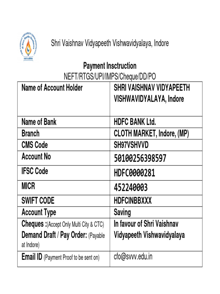 HDFC Bank Detail For NEFT and RTGS | PDF