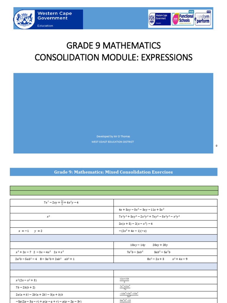 Grade 9 Mathematics Consolidation Algebraic Expressions 14 18 June ...