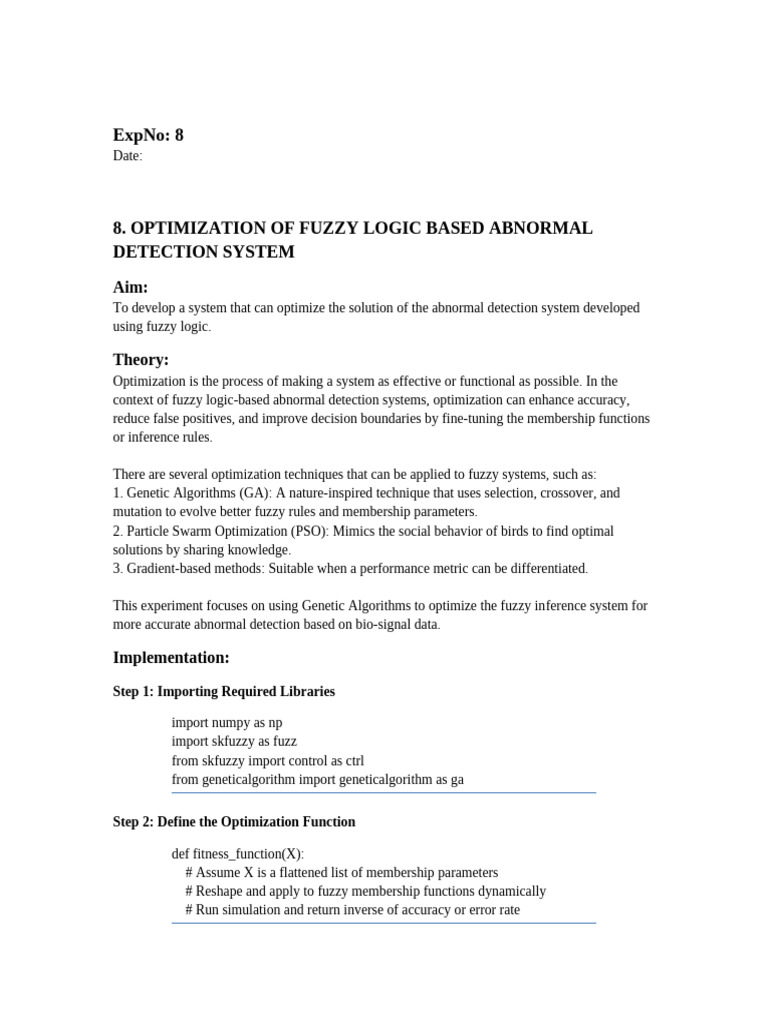 Exp8 Optimization FuzzyLogic AbnormalDetection | PDF | Fuzzy Logic | Genetic Algorithm