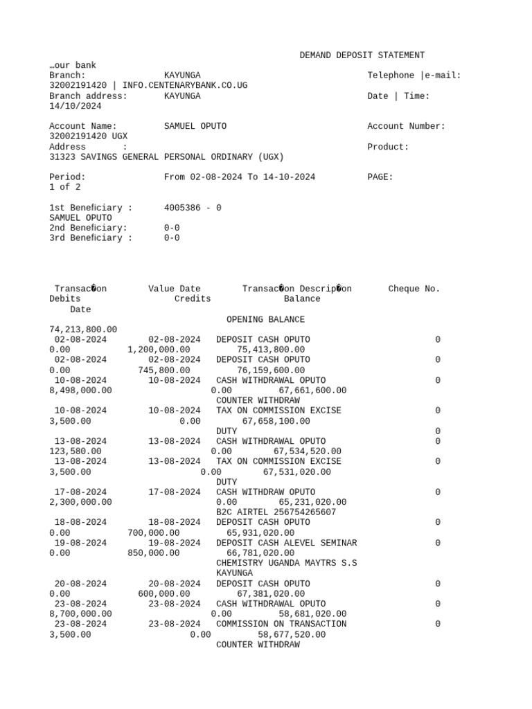 Centenary Bank Statement Oputo 3 | PDF | Transaction Account ...