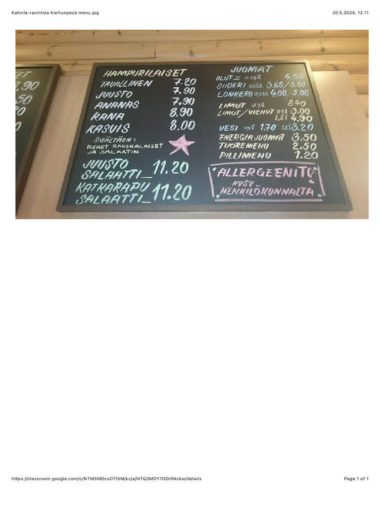 Kahvila-Ravintola Karhunpesä Menu | PDF