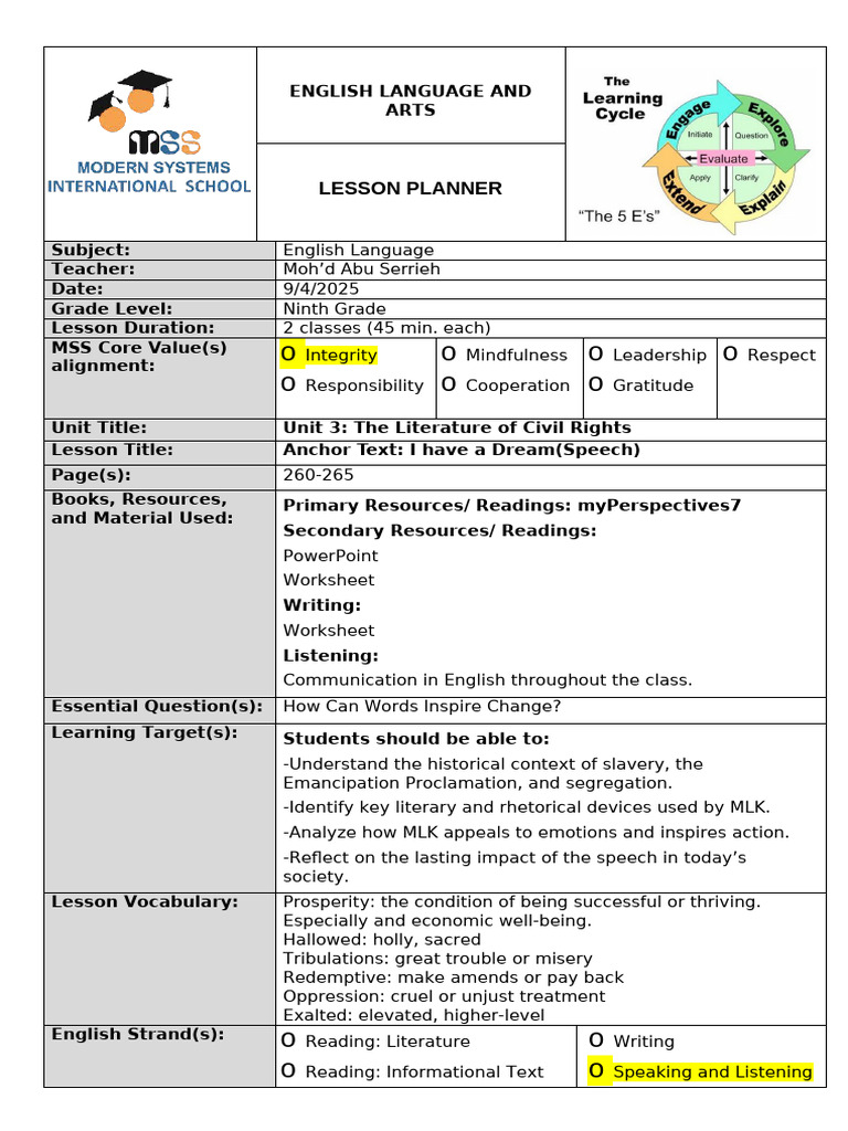 Grade 9 5E Lesson Plan Martin Luther King JR Speech I Have Adream | PDF ...