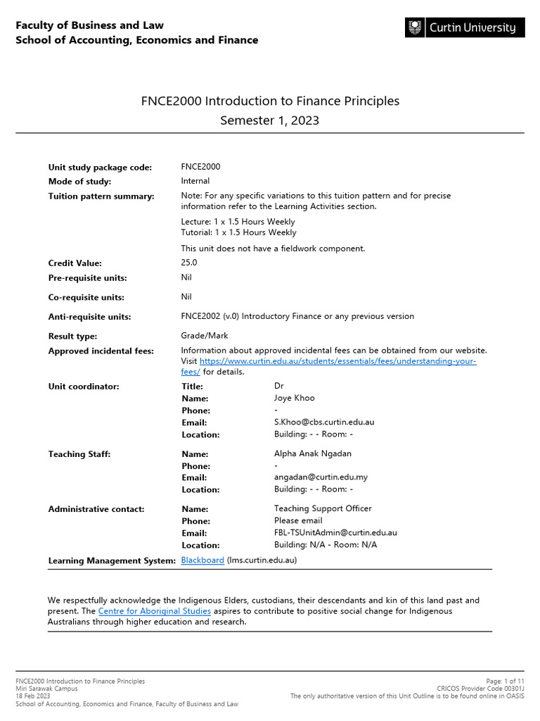 FNCE2000 Finance Principles Unit Outline | PDF | Academic Integrity ...