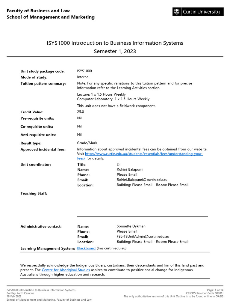 ISYS1000 Introduction To Business Information Systems Semester 1 2023 Bentley Perth Campus INT ...
