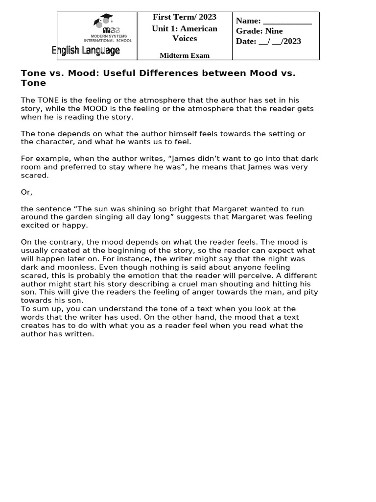 Unit 1 Tone Vs Mood Grade 9 | PDF