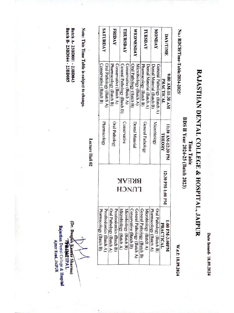 Updated Time Table Batch (2023-24) BDS II Year | PDF