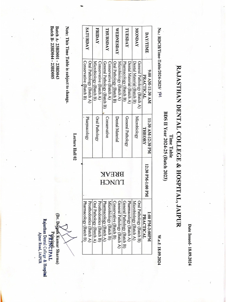 Time Table for BDS II Year (Batch 2023-24) | PDF