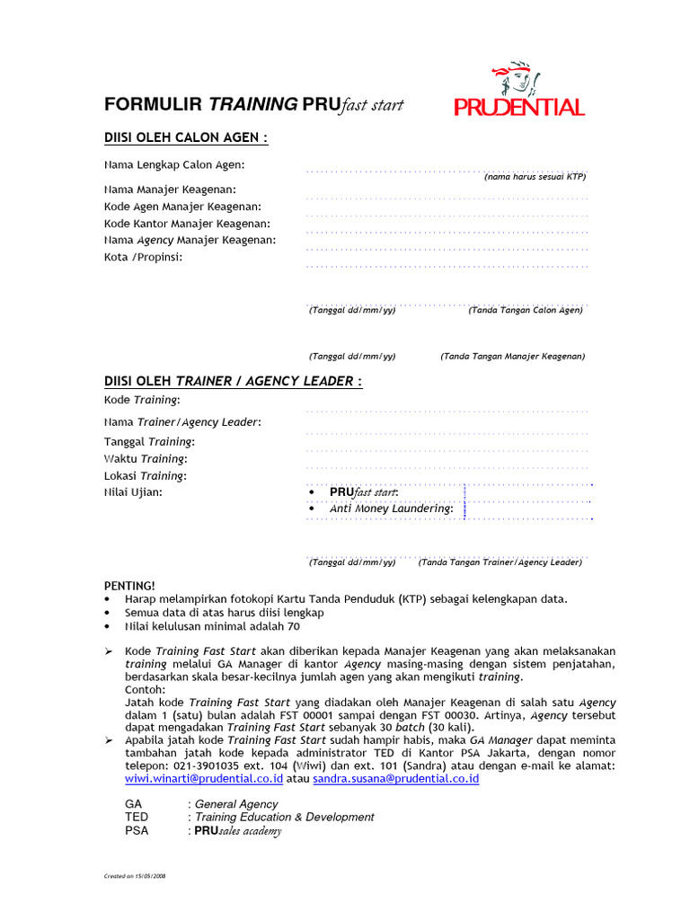 No 21 Lampiran Formulir Training PRUfaststart | PDF