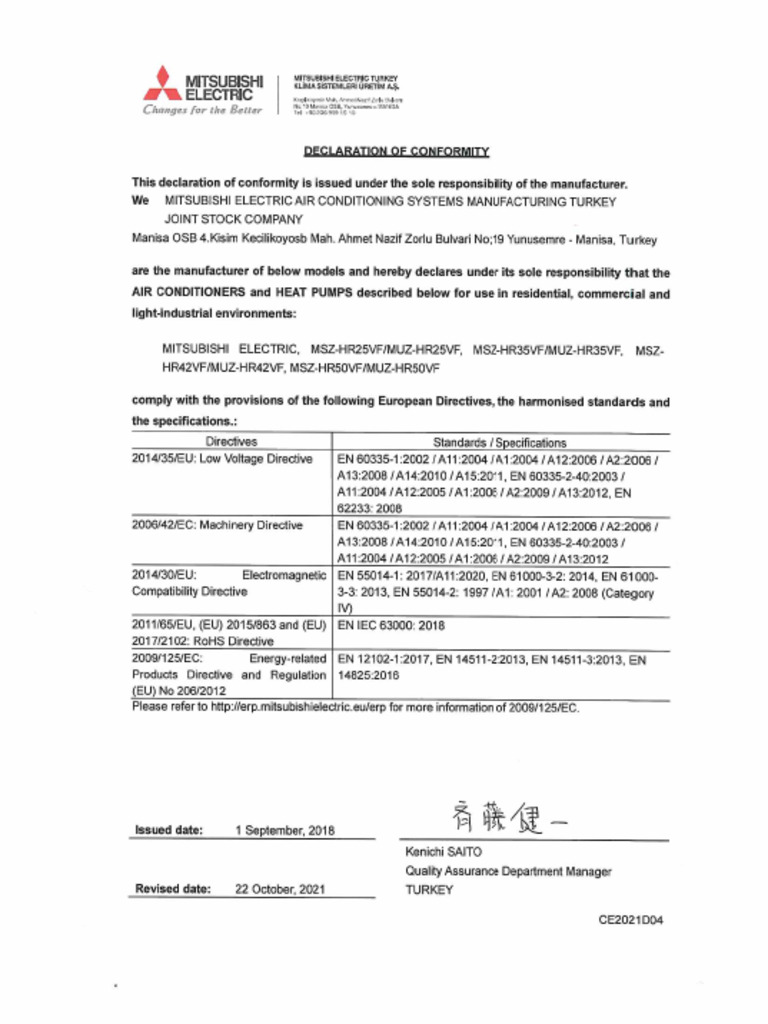 Rac MSZ HR 25-35-42 50 VF Muz HR 25-35-42 50 VF Declaration Conformite ...