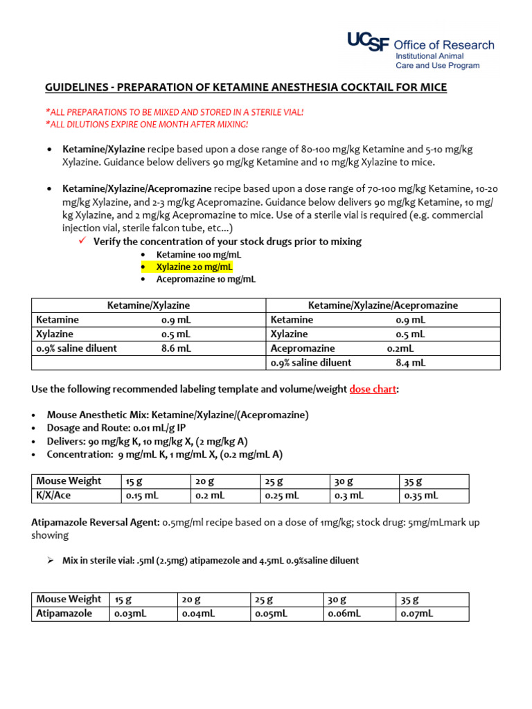 Rodent Anesthesia Dilutions | PDF | Dose (Biochemistry) | Chemistry