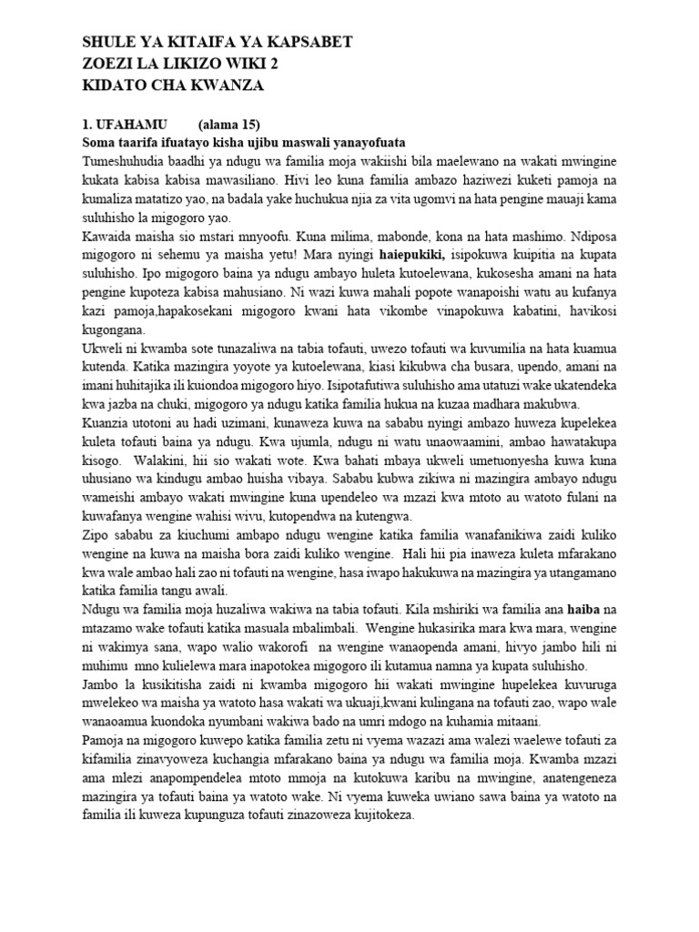 Zoezi La Likizo Wiki 2 Assignments - Form 1 - Kiswahili | PDF