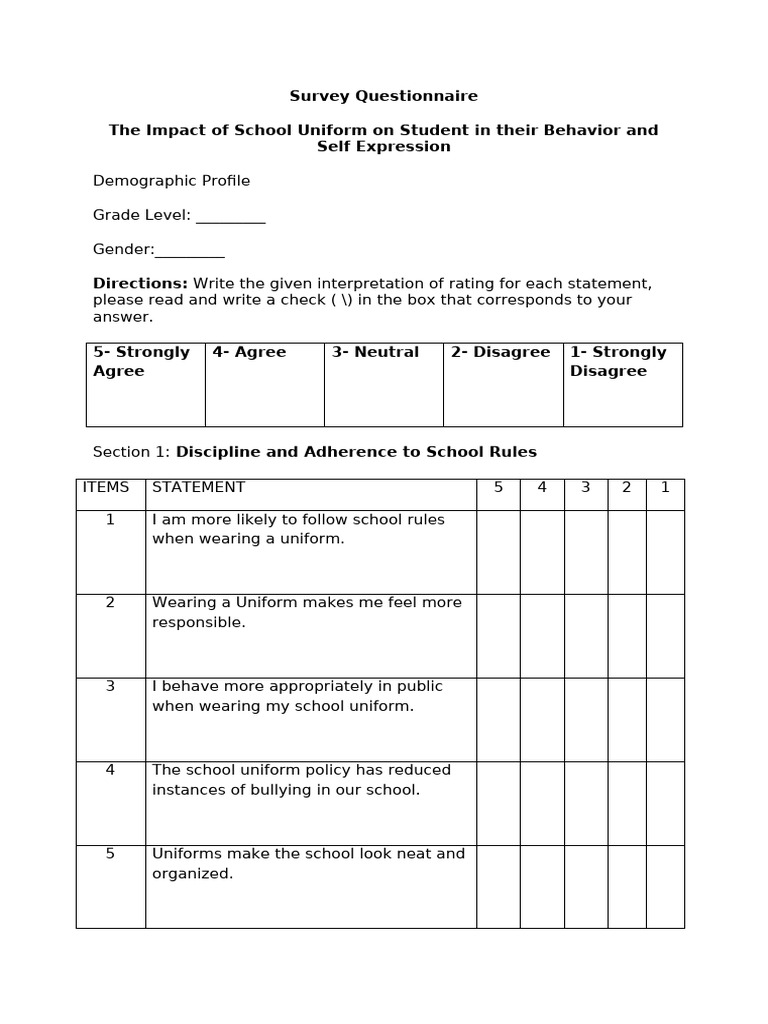 School Uniform Impact Survey Questionnaire | PDF