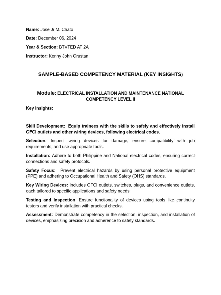 Sample Based Competency Material, Key Insight Chato | PDF