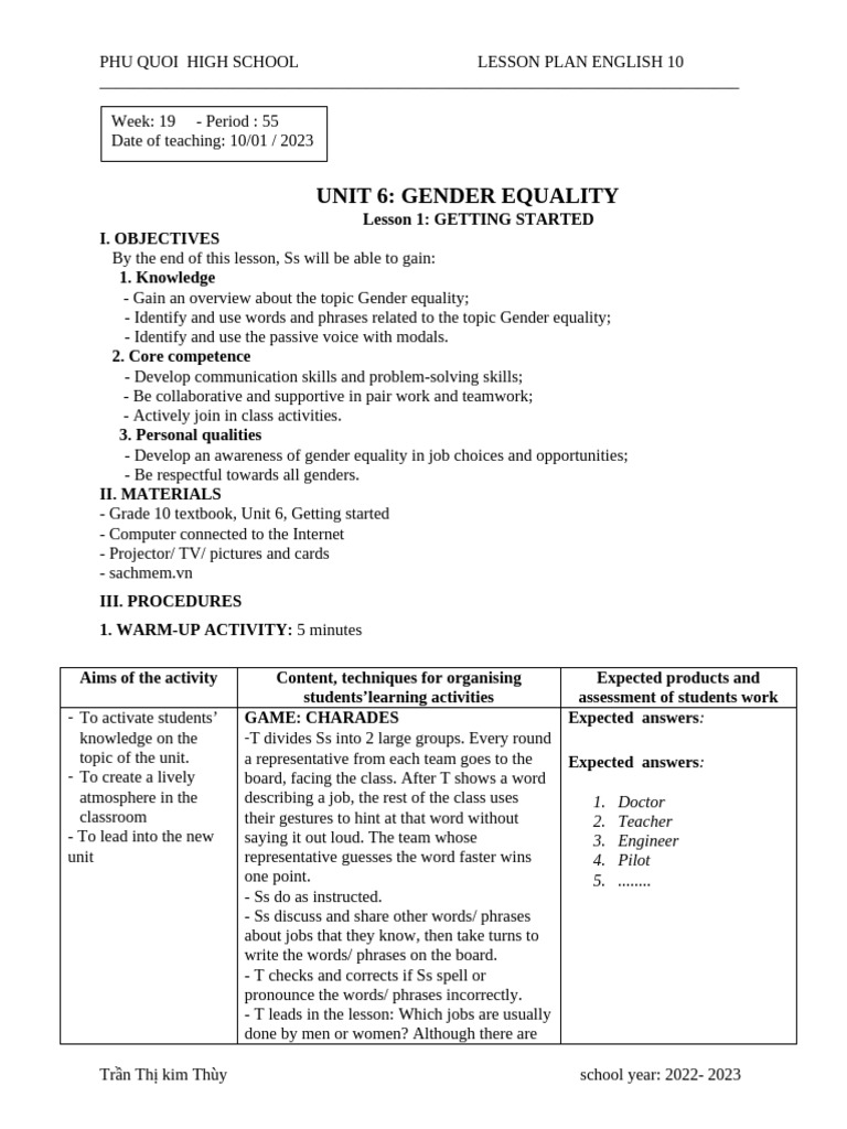 English 10 Lesson Plan: Gender Equality | PDF | Verb | English Language