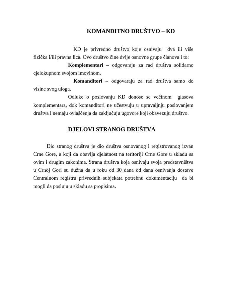Komanditno Drustvo I Djelovi Stranog Drustva | PDF